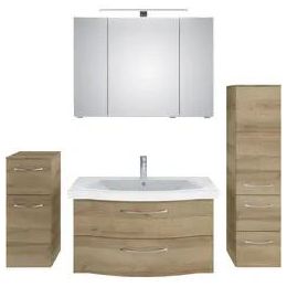 Badm&ouml;bel-Set SAPHIR "6005 Sprint 4-teilig, Keramik-Waschtisch mit LED-Spiegelschrank", braun (riviera eiche quer nachbildung), B:158cm H:200cm T:51,5cm, Holzwerkstoff, Kastenm&ouml;bel-Sets, Badm&ouml;bel-Set, Unterschrank, Midischrank, inkl. T&uuml;rd&auml;mpfer, 5 T&uuml;ren, 5 Schubladen