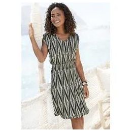 Jerseykleid Lascana, Damen, Gr. 34, N-Gr, schwarz (schwarz, sand bedruckt), Jersey, Obermaterial: 100% Viskose, bedruckt, figurumspielend kniefrei, V-Ausschnitt, Kleider Jerseykleid, mit breitem Smokbund, kurzes Sommerkleid im Alloverprint, Strandkleid