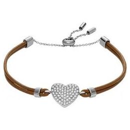 Armband Fossil "Schmuck Geschenk Edelstahl Leder Armschmuck SADIE Herz", braun (edelstahlfarben, braun), Armb&auml;nder, Damen, 21,6cm, Edelstahl Leder, Edelstahl, Leder, Armband