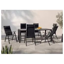 Garten-Essgruppe Konifera "&raquo;Melbourne&laquo;", grau (anthrazit, schwarz, anthrazit), Einlegeplatte, 7tlg. Set Melbourne, Aluminium, Polyester, Polywood, Sitzm&ouml;bel-Sets, mit ausziehbarem Tisch 163 - 213cm und verstellbaren St&uuml;hlen