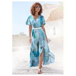 Maxikleid Buffalo, Damen, Gr. 44, N-Gr, blau (blau bedruckt), Jersey, Obermaterial: 100% Viskose, bedruckt, figurbetont kn&ouml;chellang, V-Ausschnitt, Kleider Maxikleid, im Vokuhila-Schnitt, Schlitz und Volant, Fl&uuml;gel&auml;rmel, Druckkleid