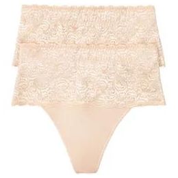 String bonprix, Damen, Gr. 36, 2 Stk., beige (puder), Obermaterial: 80% Polyamid, 20% Elasthan. Netzfutter: 84% Polyamid, 16% Elasthan. Spitze: 92% Polyamid, 8% Elasthan, unifarben, figurbetont, Unterhosen String, mit breitem Spitzenbund, elastisches Material, figurbetonte Passform
