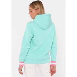 Zwillingsherz Damen Hoodie &raquo;"Gl&uuml;cklich am Meer"&laquo;, mit Pailletten, Kapuze und kontrastfarbigen B&uuml;ndchen gr&uuml;n L/XL