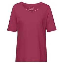 Langarm-Poloshirt GOLDNER "Kurzgr&ouml;&szlig;e Halbarm Basic-Shirt aus Baumwolle", Damen, Gr. 20, rot (merlot), Obermaterial: 95% Baumwolle CO. 5% Elasthan EL., V-Ausschnitt, Tubular, Shirts, Ausschnitt in Herzform mit Schmucksteinen verziert