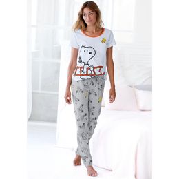 PEANUTS Damen Pyjama 2-teilig, 2 tlg. mit Snoopy und Woodstock Druck grau 36/38