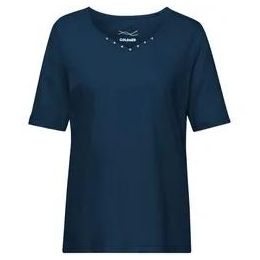 Langarm-Poloshirt GOLDNER "Kurzgr&ouml;&szlig;e Halbarm Basic-Shirt aus Baumwolle", Damen, Gr. 24, blau (marine), Obermaterial: 95% Baumwolle CO. 5% Elasthan EL., V-Ausschnitt, Tubular, Shirts, Ausschnitt in Herzform mit Schmucksteinen verziert