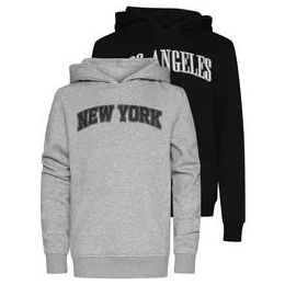 Kapuzenpullover Urban Classics "Urban Classics Hoody 2 Pack - langarm - Los Angeles & New York", Jungen, Gr. 158/164, schwarz, erdgrau, 65% Baumwolle, 35% Polyester, mehrfarbig, normal, ohne Ausschnitt, Pullover Kapuzenpullover