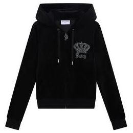 Kapuzennickijacke Juicy Couture "GOTHIC CROWN HOODIE. Damen", Damen, Gr. XS, schwarz, Samt, 95% Polyester, 5% Elasthan, slim fit taillenlang, Jacken, Trainingsjacke Damen, Sweatjacke mit Kapuze, Velour, mit Glitzer, Sale