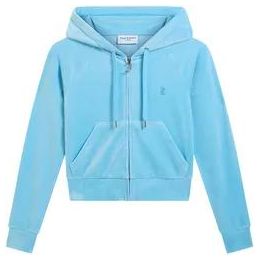 Kapuzennickijacke Juicy Couture "MADISON COL OUT HOODIE. Damen", Damen, Gr. S, sky blau, Samt, 95% Polyester, 5% Elasthan, slim fit taillenlang, Jacken, Trainingsjacke Damen, Sweatjacke mit Kapuze, Velour, mit Glitzer, Sale