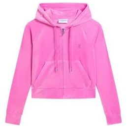 Kapuzennickijacke Juicy Couture "MADISON COL OUT HOODIE. Damen", Damen, Gr. M, super pink, Samt, 95% Polyester, 5% Elasthan, slim fit taillenlang, Jacken, Trainingsjacke Damen, Sweatjacke mit Kapuze, Velour, mit Glitzer, Sale