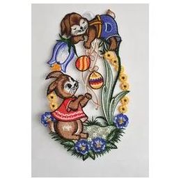 Fensterdekoration Stickereien Plauen "Fensterbild Osterhasen", bunt, B:19cm H:31cm T:0,5cm, Polyester, Fensterbilder, Fensterdekoration, Plauener Spitze