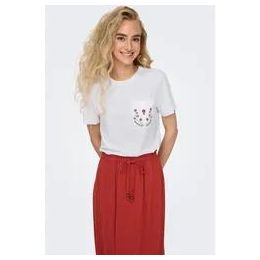 Kurzarmshirt Only "ONLPOLLY LIFE REG S/S POCKET TOP BOX JRS", Damen, Gr. XS, hellwei&szlig; print:flower wreath, Jersey, Obermaterial: 100% Baumwolle, bedruckt, regular fit normal, Rundhals, Shirts, Baumwolle, regular fit, Rundhals