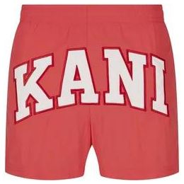 Badeshorts Karl Kani "Karl Kani Herren KM241-052-2 Karl Kani Serif Board Shorts", Herren, Gr. S, US-Gr&ouml;&szlig;en, rot, sanftes wei&szlig;, 100% Polyimid, Badehosen Badeshorts