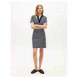 Polokleid Tommy Hilfiger "SLIM OPEN NK POLO DRESS SS", Damen, Gr. L (42/44), N-Gr, breton stripe schwarz night, ecru, Jersey, Obermaterial: 96% Baumwolle, 4% Elasthan, gestreift, figurbetont, V-Ausschnitt, Kleider, mit gestickter Tommy Hilfiger Flagge
