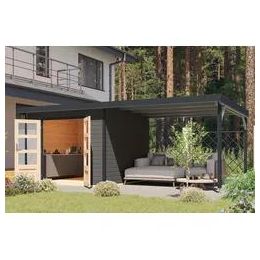 Gartenhaus Karibu "Plutino 6 SET, in verschiedenen Farben", terragrau, anthrazit, ohne Fu&szlig;boden, Blechdach, Massivholz, Gartenh&auml;user, Gartenhaus, inkl. Anbaudach