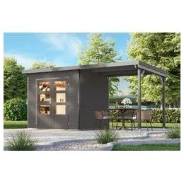 Gartenhaus Karibu "Plutino 2 SET, in verschiedenen Farben", terragrau, graualuminium, ohne Fu&szlig;boden, Blechdach, Massivholz, Gartenh&auml;user, Gartenhaus, inkl. Anbaudach