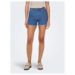 Jeansshorts Only "ONLLAURA MID WAIST SHORT RW BOX", Damen, Gr. XS, N-Gr, medium blau denim, Denim/Jeans, Obermaterial: 80% Baumwolle, 19% Polyester, 1% Elasthan, unifarben, regular fit kurz, Jeans Jeansshorts, mit ausgefranstem Saum
