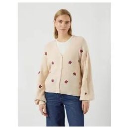 Strickjacke Y.A.S "YASFLEUR LS KNIT CARDIGAN S. NOOS", Damen, Gr. XL, birch detail:bouquet flower, Strick, Obermaterial: 52% Polyester, 26% Polyacryl, 10% Nylon, 9% Wolle, 3% Elasthan, bedruckt, regular fit normal, V-Ausschnitt, Rippb&uuml;ndchen, Strickjacken Strickjacke, Materialmix, regular fit, bestickt