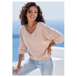 Fledermauspullover Vivance, Damen, Gr. 32/34, sand, Strick, Obermaterial: 60% Baumwolle, 40% Polyamid, unifarben, figurumspielend h&uuml;ftlang, V-Ausschnitt, Pullover, aus weicher Feinstrickqualit&auml;t, mit V-Ausschnitt und lockerer Passform
