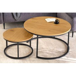 Riess Ambiente Runde Couchtische 2er Set ELEGANCE 80cm natur Wildeiche Holz-Design schwarzes Metallgestell Riess-Ambiente Satztisch Sofatisch Wohnzimmertisch