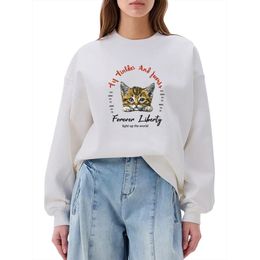 Gorhey Sweatshirt 'Women's Crew Neck Sweatshirt with Cat Print & Fleece Lining for Autumn/Winter' female White size M