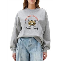Gorhey Sweatshirt 'Women's Crew Neck Sweatshirt with Cat Print & Fleece Lining for Autumn/Winter' female Grey size XS