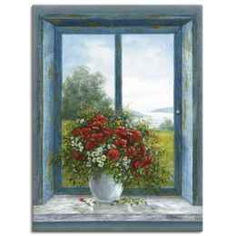 Leinwandbild Artland "Mohnblumen am Fenster", blau (farbe bild(er): blau), B:60cm H:80cm, Bilder, Leinwandbild, auf Holzrahmen gespannt