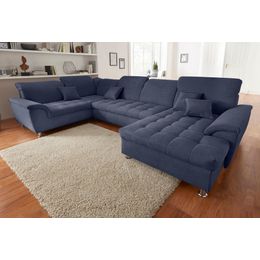 Wohnlandschaft DOMO collection "Franzi optional mit Bettfunktion, Bettkasten & Kopfteilverstellung", blau (marine), B:344cm H:81cm T:206cm, Flachgewebe (100% Polyester);Chenille (100% Polyester), Sofas, Wohnlandschaft, U-Form, Recamiere rechts, marine, B/T: 344/206 cm, Topseller