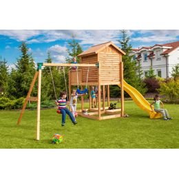 Spielturm Fungoo "My SIDE Move+", braun (gelb), Spielt&uuml;rme, KinderB:510cm H:305cm T:405cm, Holz, Metall, Polyethylen, mit Schaukel & Rutsche, FSC - sch&uuml;tzt Wald, B:510cm H:305cm T:405cm