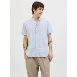 Jack & Jones Kurzarmhemd JACK & JONES "JJESUMMER BAND SHIRT SS SN", Herren, Gr. M, N-Gr, blau (chambray blau), Web, Obermaterial: 83% Baumwolle, 17% Leinen, unifarben, comfort fit taillenbedeckt, ohne Ausschnitt, gerader Abschluss, Hemden, mit Bandkragen