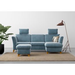 Ecksofa Home Affaire "Trelleborg L-Form", blau (blau, grau), B:249cm H:86cm T:162cm, 100% Polyester, Sofas, Ecksofa, wahlweise mit Bettfunktion und Bettkasten, inkl. Federkern-Polsterung