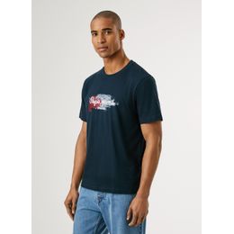 T-Shirt Pepe Jeans "TREY TEE", Herren, Gr. L, blau (dulwich blau), Jersey, Obermaterial: 100% Baumwolle, bedruckt, regular fit, Rundhals, abgesteppte Kante, Shirts T-Shirt, mit Rundhals im Regular Fit