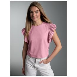 T-Shirt TRIGEMA "TRIGEMA Volant Shirt", Damen, Gr. XS, lilie, Single Jersey, 100% Baumwolle, Basic, Rundhals, Shirts T-Shirt