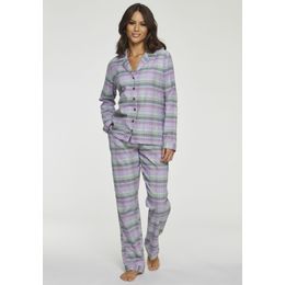 Pyjama Vivance Dreams, Damen, Gr. 32, lila (lila, kariert), Flanell, Obermaterial: 100% Baumwolle, kariert, klassisch lang, V-Ausschnitt, Homewear-Sets Pyjama, aus kuschelig weichem Flanell