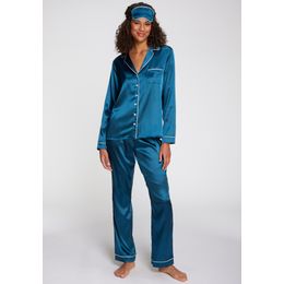 Pyjama s.Oliver, Damen, Gr. 32, dunkelgr&uuml;n, Webqualit&auml;t, Obermaterial: 95% Polyester, 5% Elasthan, unifarben mit Farbeinsatz, regular fit lang, V-Ausschnitt, Manschette, Homewear-Sets Pyjama, Mit sch&ouml;ner Schlafmaske