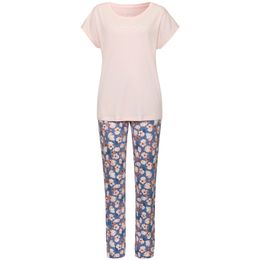 Pyjama Vivance Dreams, Damen, Gr. 32/34, rosa, blau, Single Jersey, Obermaterial: 50% Baumwolle, 50% Viskose, gebl&uuml;mt, bequem lang, Rundhals, Homewear-Sets Pyjama, Mit sch&ouml;nem Alloverprint