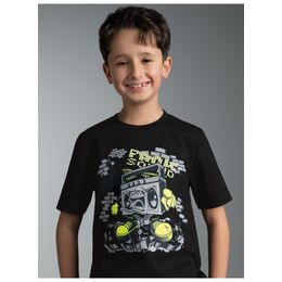 T-Shirt TRIGEMA "TRIGEMA T Shirt mit Printmotiv "Music-Box", Jungen, Gr. 116, schwarz, Single Jersey, 100% Baumwolle, Basic, Rundhals, Shirts T-Shirt