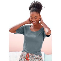 Pyjamaoberteil Lascana, Damen, Gr. 44/46, blau (rauchblau), Rippware, Obermaterial: 63% Polyester, 33% Viskose, 4% Elasthan, unifarben, figurumspielend h&uuml;ftlang, Rundhals, Shirts, aus Rippstrick
