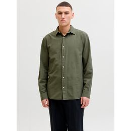 Jack & Jones Langarmhemd JACK & JONES "JJEBREEZE LINEN BLEND SHIRT L/S SN", Herren, Gr. M, N-Gr, dusty olive, Web, Obermaterial: 70% Baumwolle, 30% Leinen, unifarben, Hemden, mit Knopfleiste