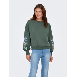Sweatshirt Only "ONLBROOKE L/S O-NECK FLOWER SWT", Damen, Gr. L, gr&uuml;n (balsam gr&uuml;n print:sleeve multi flowers), Sweatware, Obermaterial: 60% Baumwolle, 40% Polyester, gebl&uuml;mt, regular fit normal, Rundhals, Rippb&uuml;ndchen, Sweatshirts Sweatshirt, Baumwollmischung, regular fit