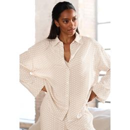 Pyjamaoberteil Lascana, Damen, Gr. 36, beige (beige, wei&szlig; gemustert), Web, Obermaterial: 100% Viskose, gemustert, bequem, 2-Knopf-Manschette, Shirts, mit edlem Allover-Druck
