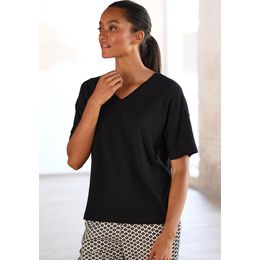 Pyjamaoberteil Lascana, Damen, Gr. 32/34, schwarz, Single Jersey, Obermaterial: 62% Polyester, 33% Viskose, 5% Elasthan, unifarben, Basic, bequem, V-Ausschnitt, Shirts, mit V-Ausschnitt