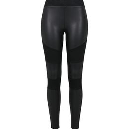 Leggings Urban Classics "Urban Classics Damen Ladies Fake Leather Tech Leggings", Damen, Gr. L, US-Gr&ouml;&szlig;en, schwarz, 91% Polyester, 9% Elasthan, unifarben, slim fit, Hosen Leggings