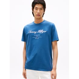 T-Shirt Tommy Hilfiger "SCRIPT LOGO TEE", Herren, Gr. XXL, blau (aegean sea), Single Jersey, Obermaterial: 100% Baumwolle, bestickt, regular fit h&uuml;ftlang, Rundhals, abgesteppt, Shirts T-Shirt, mit aufgesticktem Logo