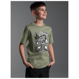 T-Shirt TRIGEMA "TRIGEMA T Shirt mit Printmotiv "Music-Box", Jungen, Gr. 152, salbei, Single Jersey, 100% Baumwolle, Basic, Rundhals, Shirts T-Shirt