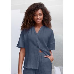 Pyjamaoberteil s.Oliver, Damen, Gr. 42, blau (dunkelblau), Obermaterial: 100% Baumwolle, unifarben, bequem h&uuml;ftlang, V-Ausschnitt, weit leicht ausgefranste Kante, Shirts, aus gewebtem Musselinstoff