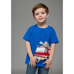 T-Shirt Kidsworld "Cooles Shirt mit Feuerwehr Folienprint", Jungen, Gr. 104/110, royalblau, Single Jersey, Obermaterial: 100% Baumwolle, bedruckt, Basic, Rundhals, abgesteppte Kante, Shirts T-Shirt, f&uuml;r Jungen, Kurzarm, mit Glitterdruck, Basic Passform