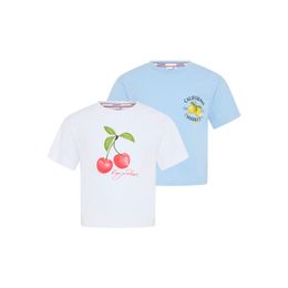 T-Shirt Kangaroos "Kangaroos 2er Pack T-Shirts mit Kirschen- und Zitronenprint", M&auml;dchen, Gr. 104/110, wei&szlig;, hellblau, Single Jersey, Obermaterial: 100% Baumwolle, bedruckt, Basic, Rundhals, abgesteppt, Shirts T-Shirt, modischer Stil, Kurzarm, mit trendigen Drucken und Logodruck
