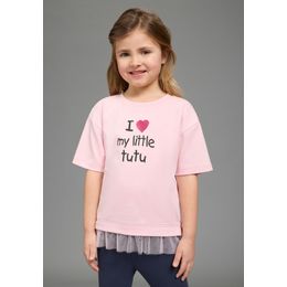T-Shirt Kidsworld "mit Glitzerprint und T&uuml;ll-Saum: I love my little tutu", M&auml;dchen, Gr. 128/134, rosa, Jersey, Obermaterial: 100% Baumwolle. Volant: 100% Polyester, bedruckt, Basic, Rundhals, Shirts T-Shirt, Basic Passform, Kurzarm, mit Volant aus Polyester