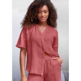 Pyjamaoberteil s.Oliver, Damen, Gr. 36, rot (rostrot), Obermaterial: 100% Baumwolle, unifarben, bequem h&uuml;ftlang, V-Ausschnitt, weit leicht ausgefranste Kante, Shirts, aus gewebtem Musselinstoff